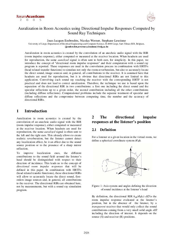 Pdf Auralization In Room Acoustics Using Directional Impulse Responses Computed By Sound Ray