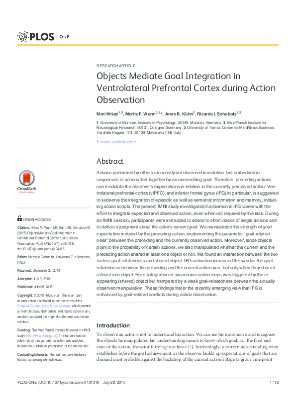 Pdf Objects Mediate Goal Integration In Ventrolateral Prefrontal Cortex During Action Observation