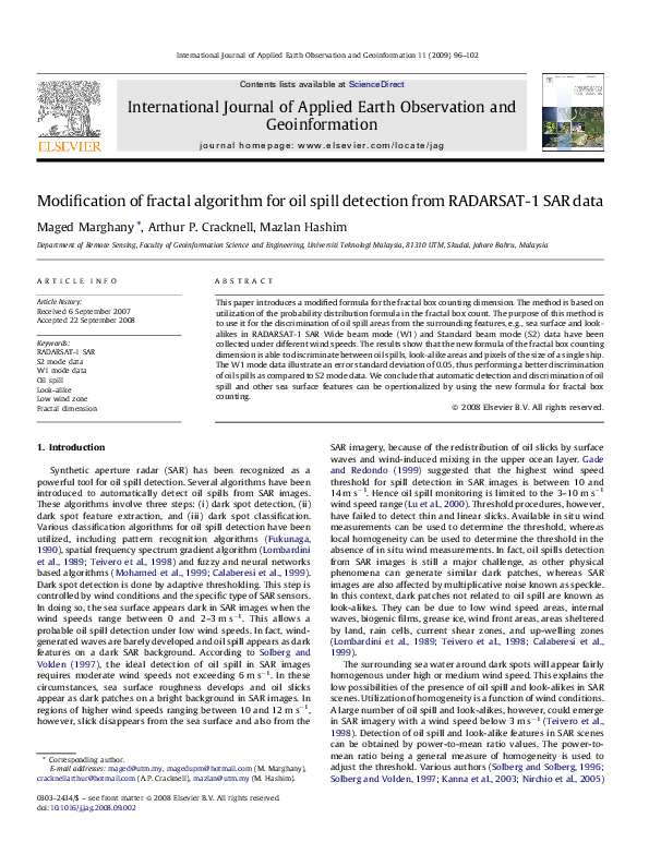 Pdf Modification Of Fractal Algorithm For Oil Spill Detection From Radarsat 1 Sar Data