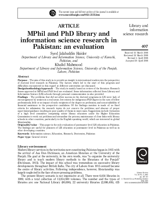 (PDF) Mphil and PhD library and information science researchin Pakistan ...