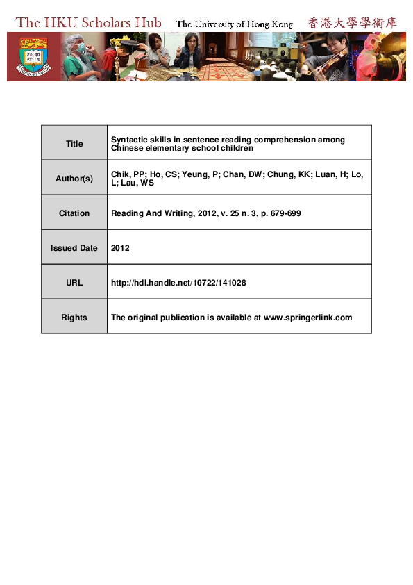 (PDF) Syntactic skills in sentence reading comprehension among Chinese elementary school children