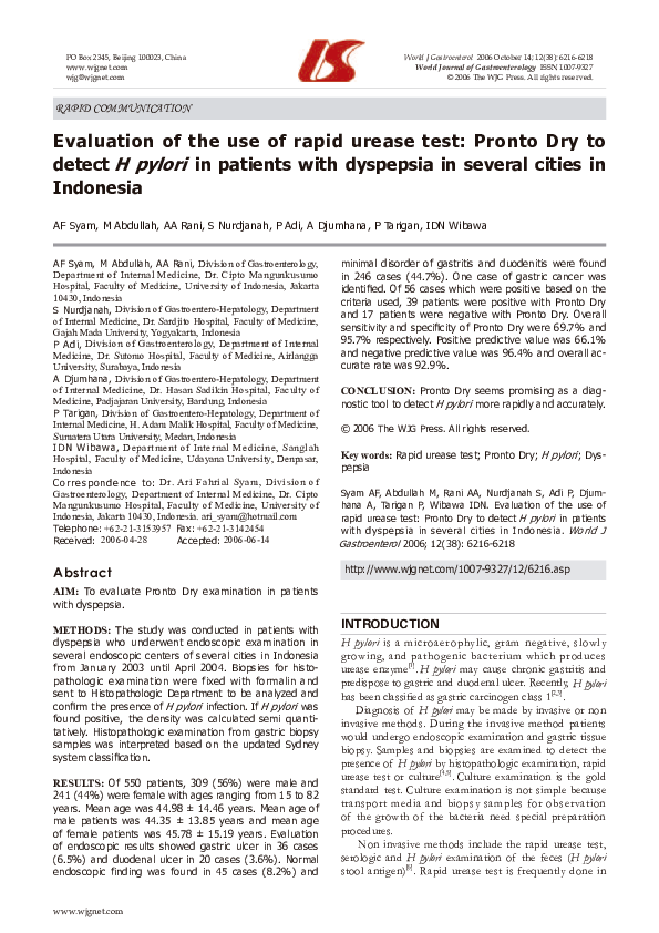 (PDF) Evaluation of the use of rapid urease test: Pronto Dry to detect ...