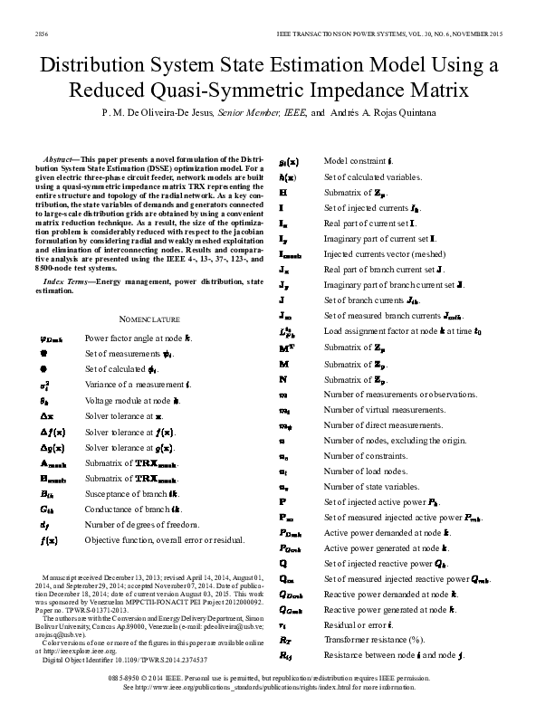 Pdf Distribution System State Estimation Model Using A Reduced Quasi