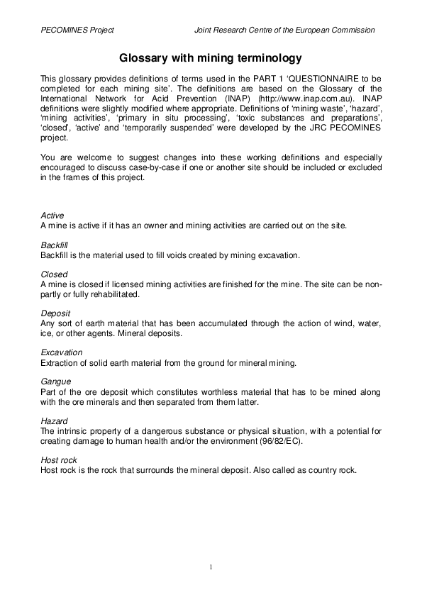 (PDF) Glossary with mining terminology