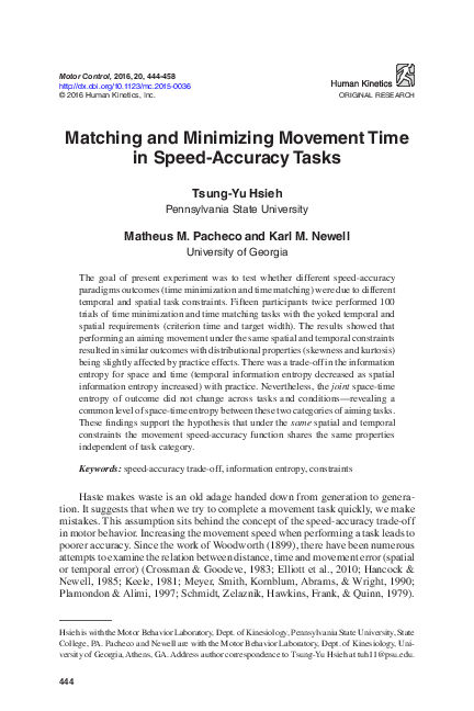 (PDF) Matching and Minimizing Movement Time in Speed-Accuracy Tasks