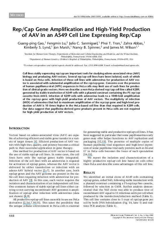 (PDF) Rep/Cap Gene Amplification and High-Yield Production of AAV in an ...