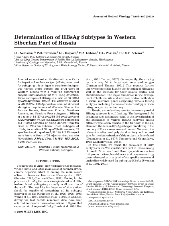 (PDF) Determination of HBsAg subtypes in Western Siberian part of Russia