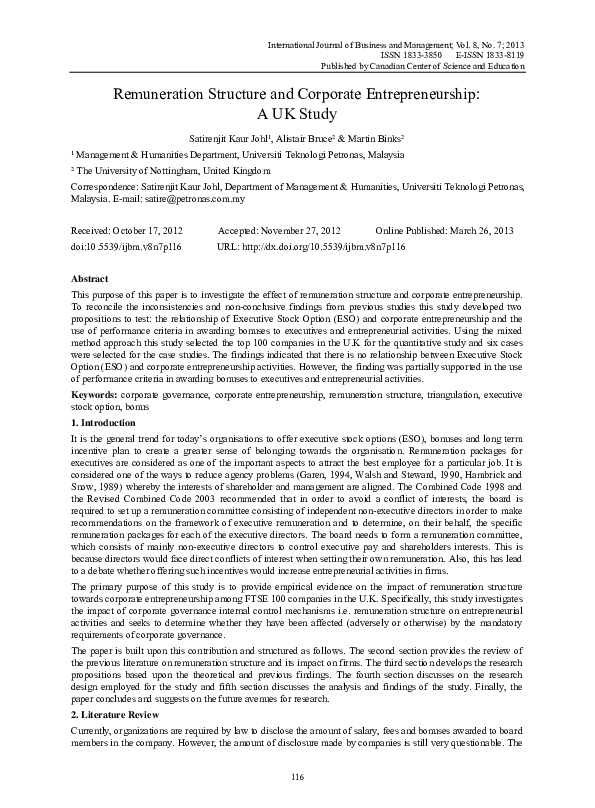 (PDF) Remuneration Structure and Corporate Entrepreneurship: A UK Study ...