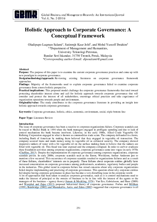 (PDF) Holistic Approach to Corporate Governance: A Conceptual Framework
