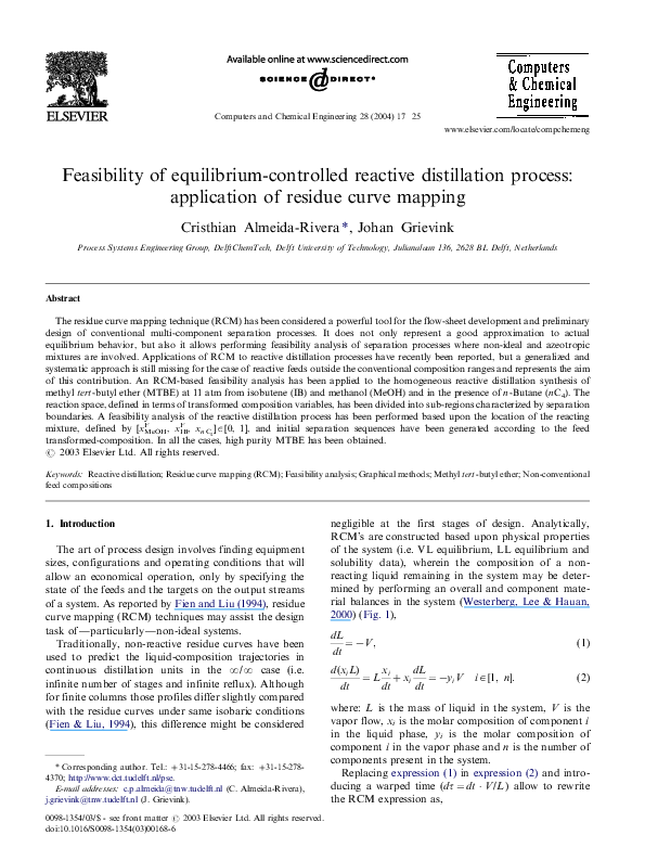 Pdf Feasibility Of Equilibrium Controlled Reactive Distillation Process Application Of
