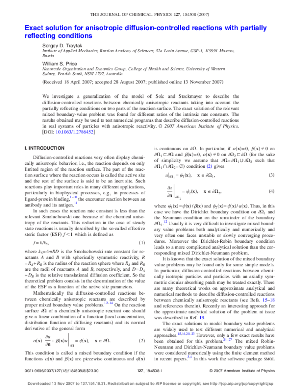 (PDF) Exact solution for anisotropic diffusion-controlled reactions with partially reflecting ...