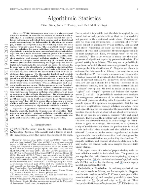 (PDF) Algorithmic statistics