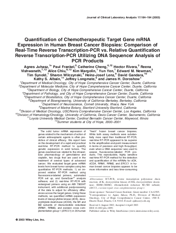 (PDF) Quantification of chemotherapeutic target gene mRNA expression in human breast cancer ...