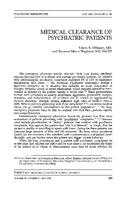 (PDF) MEDICAL CLEARANCE OF PSYCHIATRIC PATIENTS