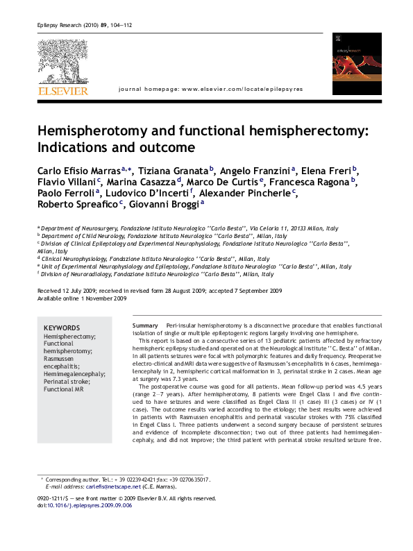 (PDF) Hemispherotomy and functional hemispherectomy: Indications and ...