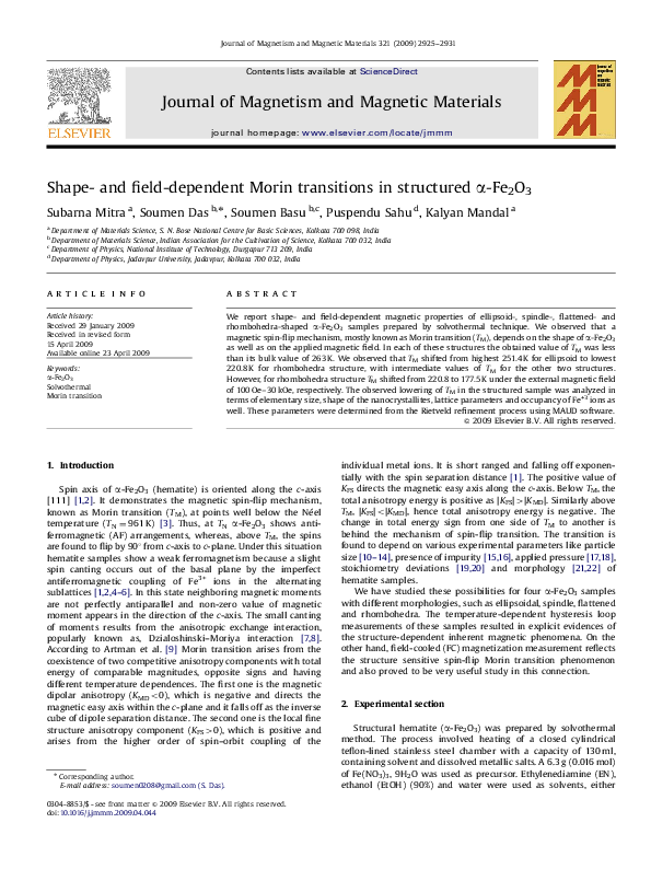 (PDF) Shape and field-dependent Morin transitions in structured alpha-Fe2O3