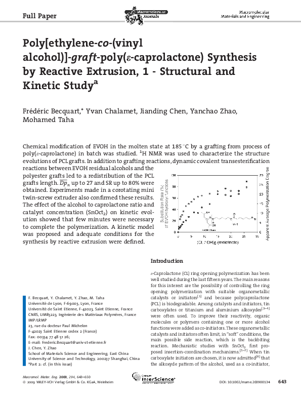 (PDF) Poly[ethylene- co -(vinyl alcohol)]- graft -poly( ε -caprolactone) Synthesis by Reactive ...