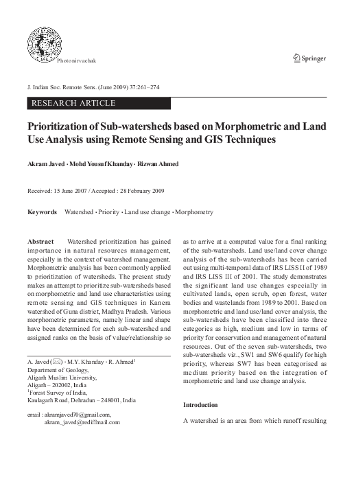 Pdf Prioritization Of Sub Watersheds Based On Morphometric And Land Use Analysis Using Remote