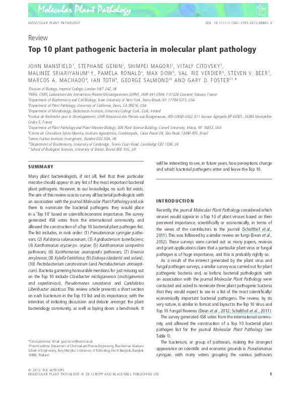 (PDF) Top 10 plant pathogenic bacteria in molecular plant pathology