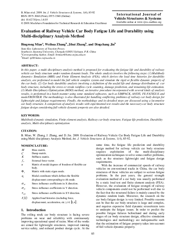 (PDF) Evaluation of Railway Vehicle Car Body Fatigue Life and ...