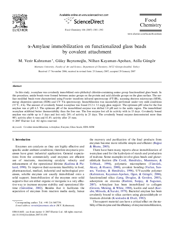 (PDF) Amylase immobilization on functionalized glass beads by covalent attachment