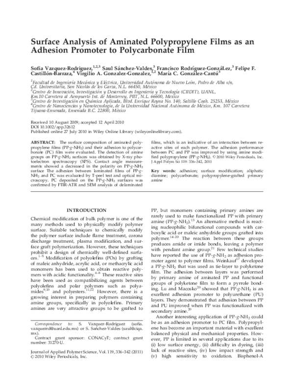 (PDF) Surface analysis of aminated polypropylene films as an adhesion ...