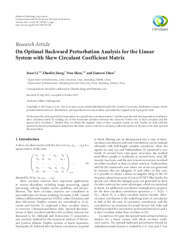 (PDF) On Optimal Backward Perturbation Analysis for the Linear System with Skew Circulant ...