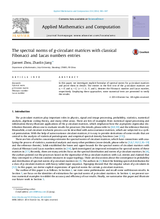 Pdf The Spectral Norms Of G Circulant Matrices With Classical Fibonacci And Lucas Numbers Entries