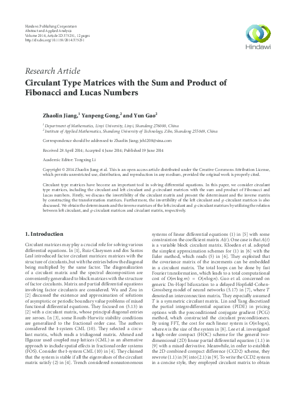 Pdf Circulant Type Matrices With The Sum And Product Of Fibonacci And Lucas Numbers
