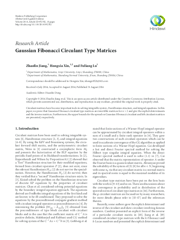 (PDF) Gaussian Fibonacci Circulant Type Matrices | Zhaolin Jiang - Academia.edu