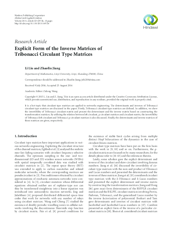 Pdf Explicit Form Of The Inverse Matrices Of Tribonacci Circulant Type Matrices