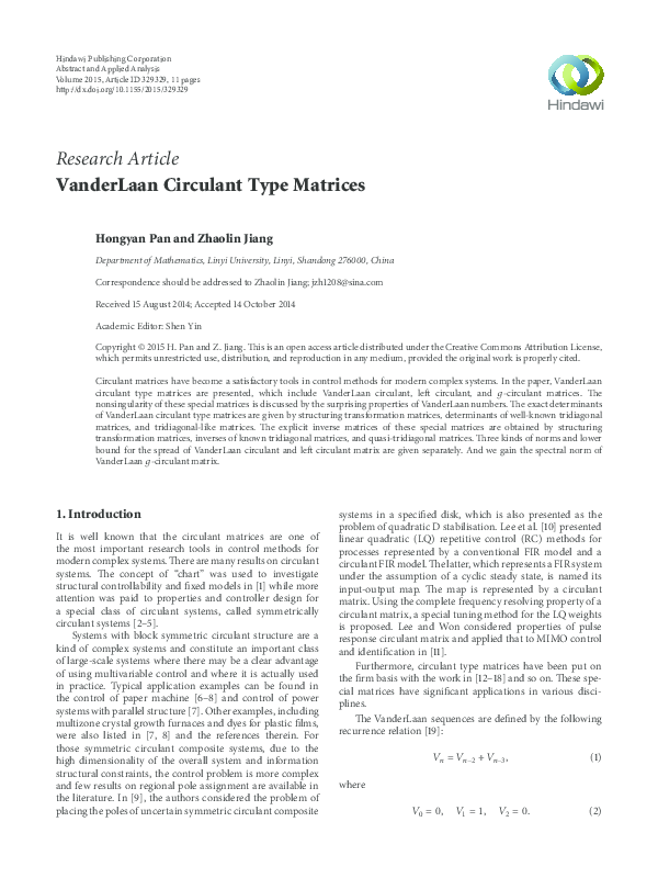 Pdf Vanderlaan Circulant Type Matrices