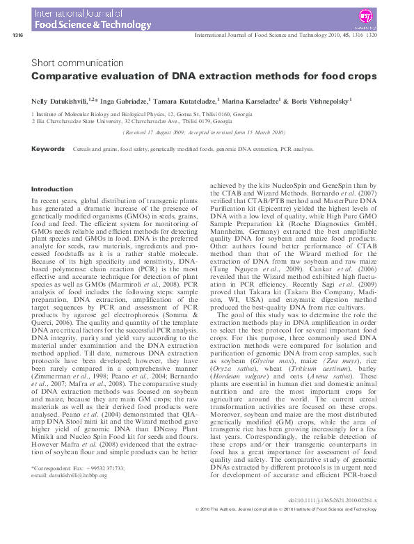 (PDF) Comparative evaluation of DNA extraction methods for food crops ...