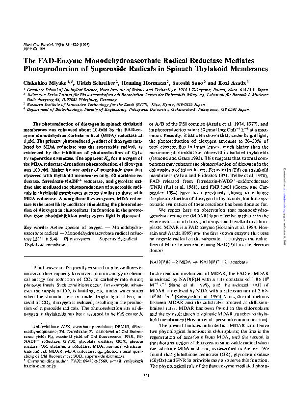 (PDF) The FAD-Enzyme Monodehydroascorbate Radical Reductase Mediates ...
