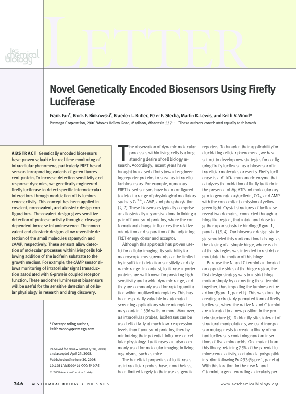 (PDF) Novel Genetically Encoded Biosensors Using Firefly Luciferase