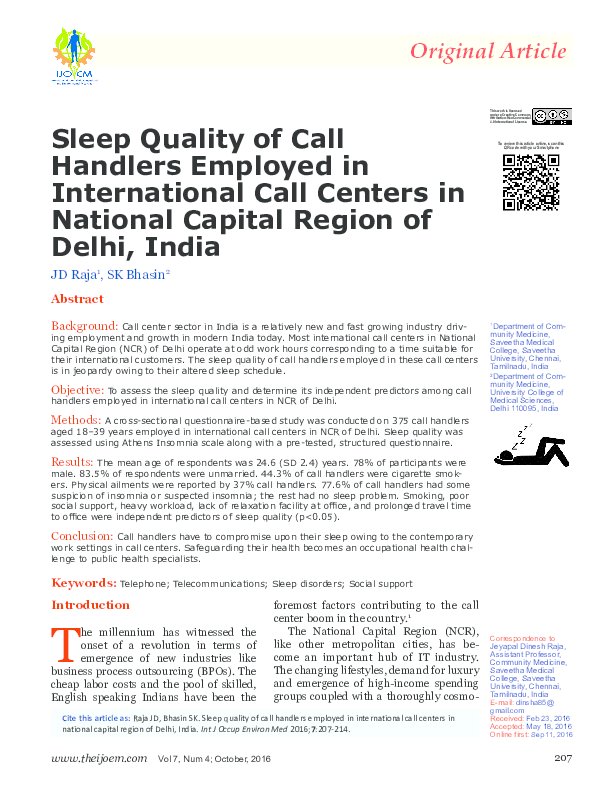 (PDF) Sleep Quality of Call Handlers Employed in International Call ...