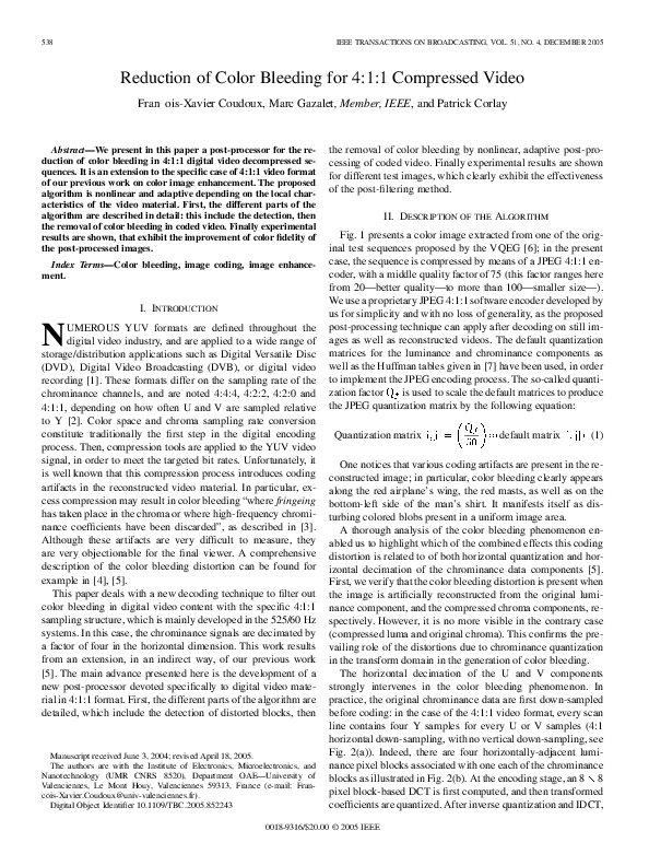 (PDF) Reduction of Color Bleeding for 4:1:1 Compressed Video
