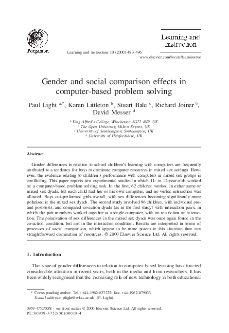 (PDF) Gender and social comparison effects in computer-based problem solving