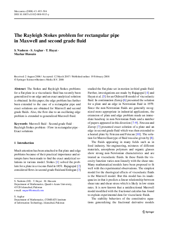 (PDF) The Rayleigh Stokes problem for rectangular pipe in Maxwell and ...