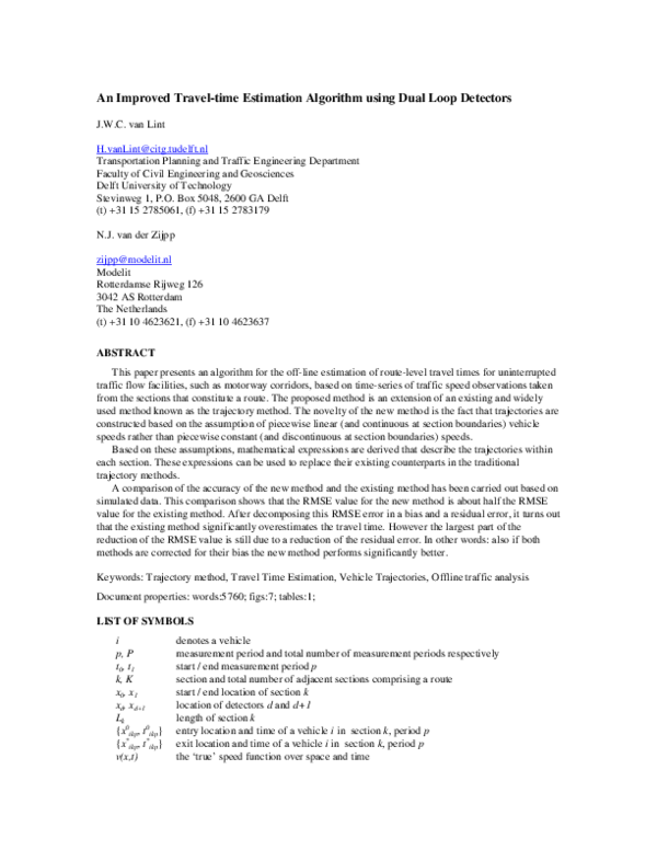Pdf Improving A Travel Time Estimation Algorithm By Using Dual Loop Detectors
