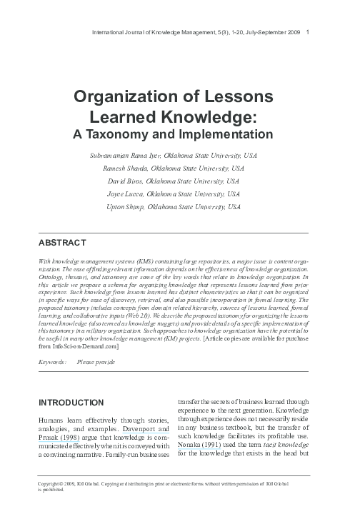 (PDF) Organization of Lessons Learned Knowledge: A Taxonomy and ...