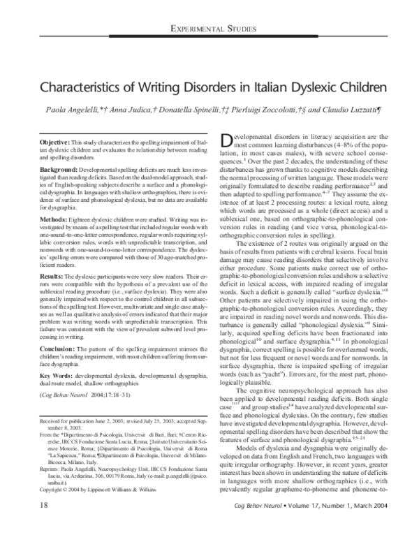 (PDF) Characteristics of Writing Disorders in Italian Dyslexic Children
