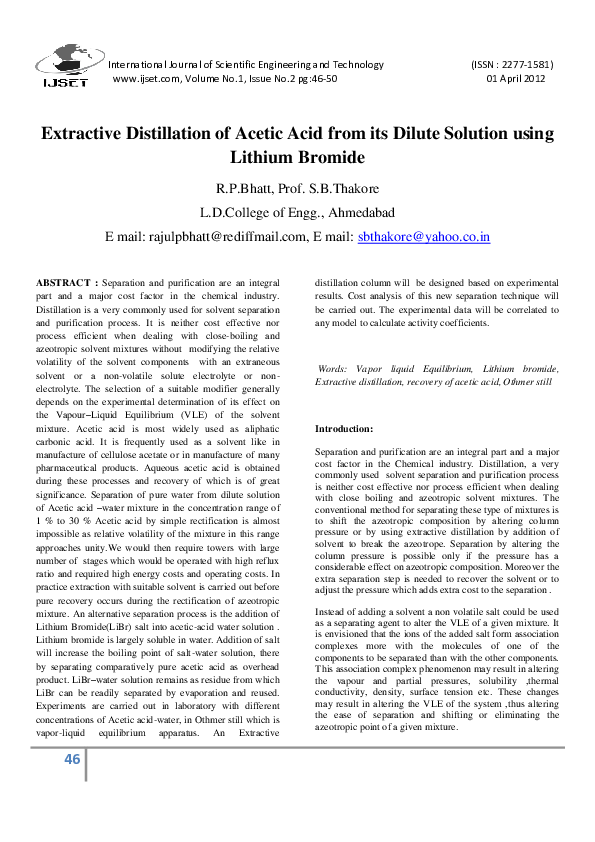 (PDF) Extractive Distillation of Acetic Acid from its Dilute Solution ...