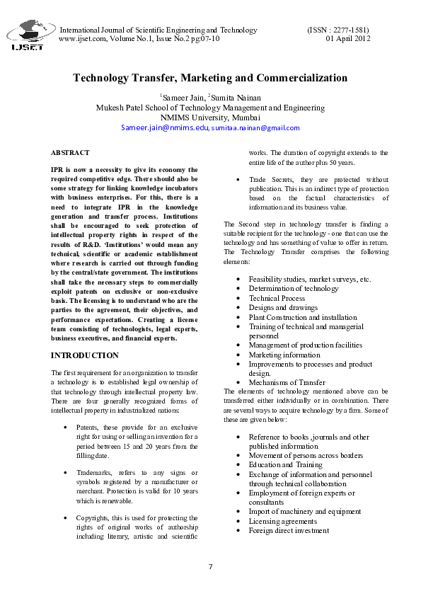 (PDF) Technology Transfer, Marketing and Commercialization