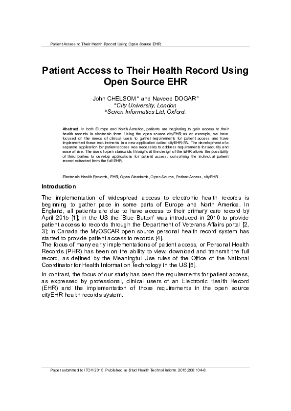 (PDF) Patient Access to Their Health Record Using Open Source EHR