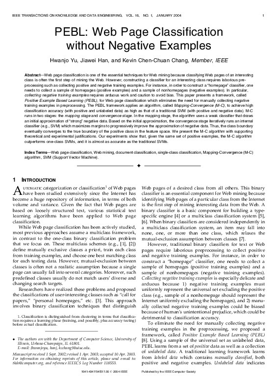 (PDF) PEBL: Web Page Classification without Negative Examples
