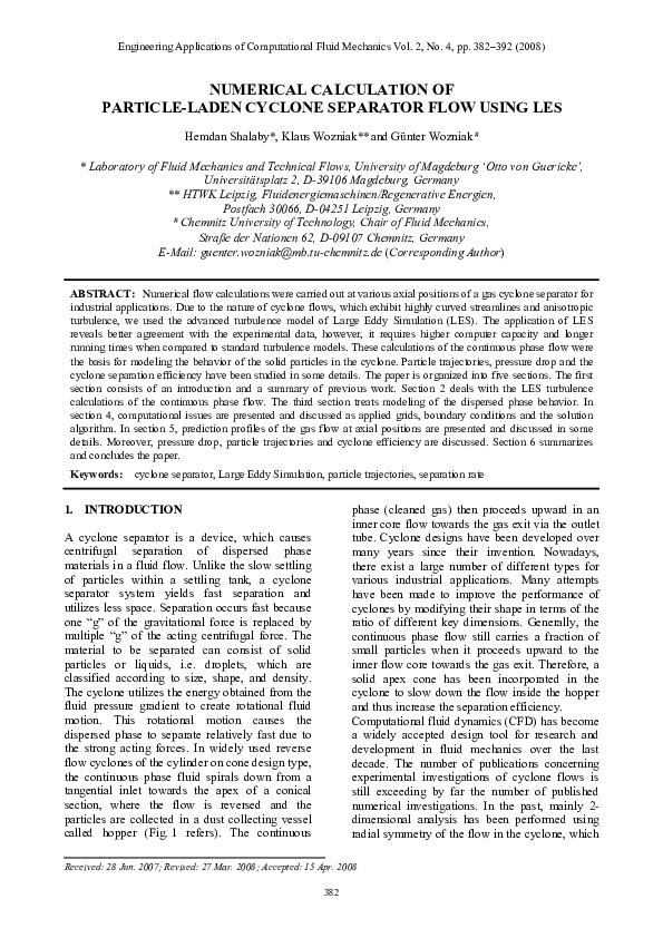 (PDF) Numerical Calculation of Particle-Laden Cyclone Separator Flow Using LES