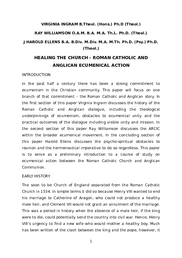 (DOC) HEALING THE CHURCH - ROMAN CATHOLIC AND ANGLICAN ECUMENICAL ACTION