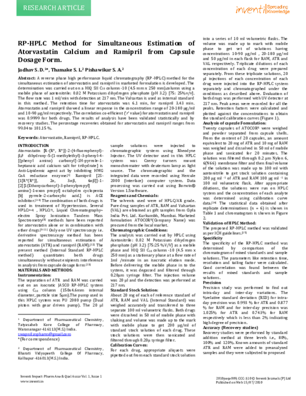Pdf Rp Hplc Method For Simultaneous Estimation Of Atorvastatin Calcium Losartan Potassium