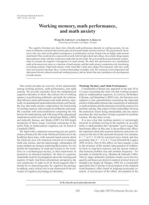 (PDF) Working memory, math performance, and math anxiety